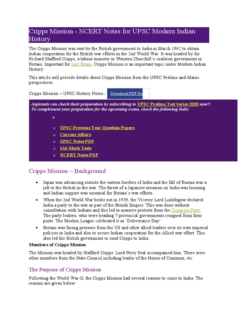 Cripps Mission - NCERT Notes For UPSC Modern Indian History | PDF ...