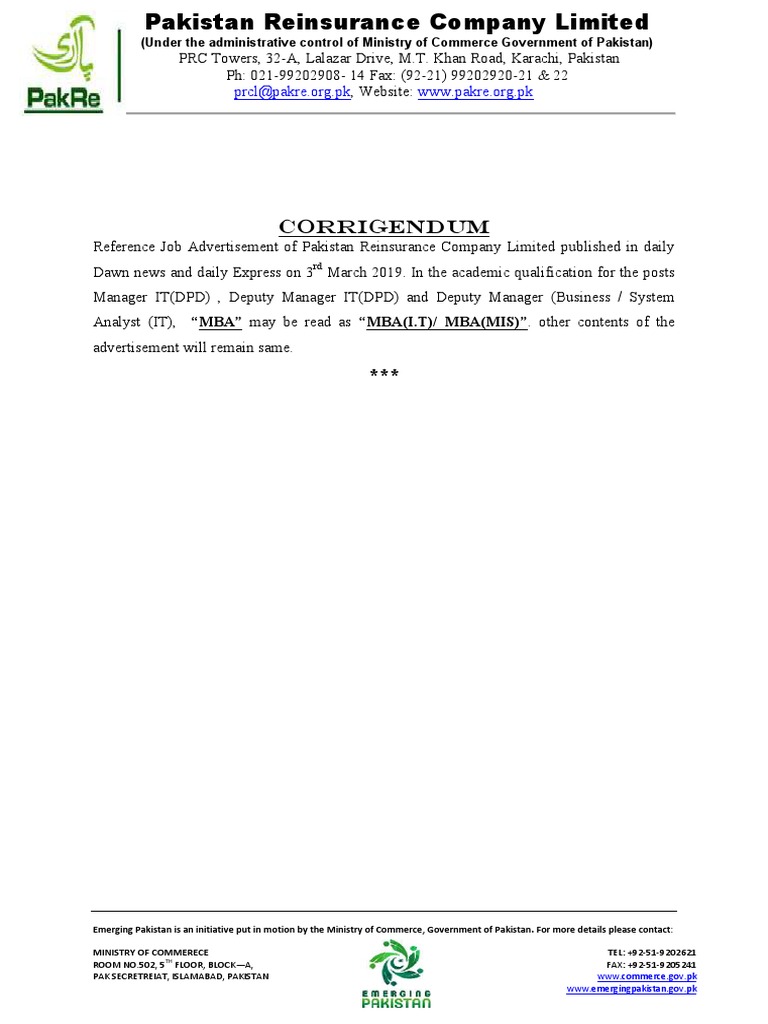 Corrigendum: (Under The Administrative Control of Ministry of Commerce ...