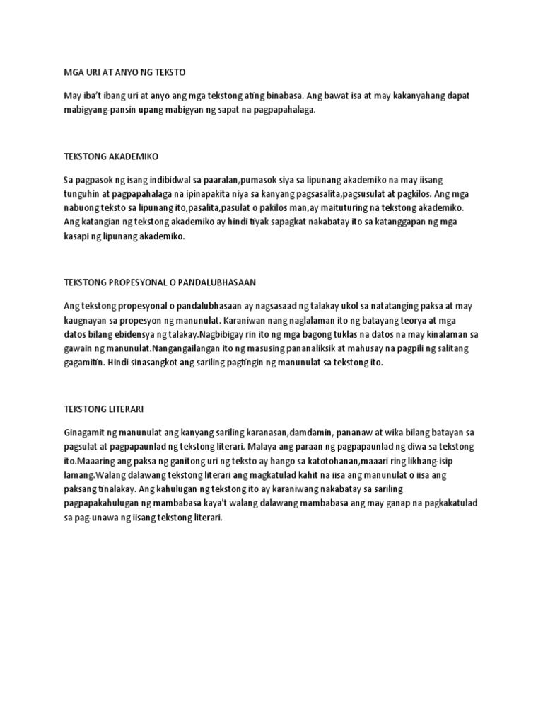 Mga Uri at Anyo NG Teksto | PDF