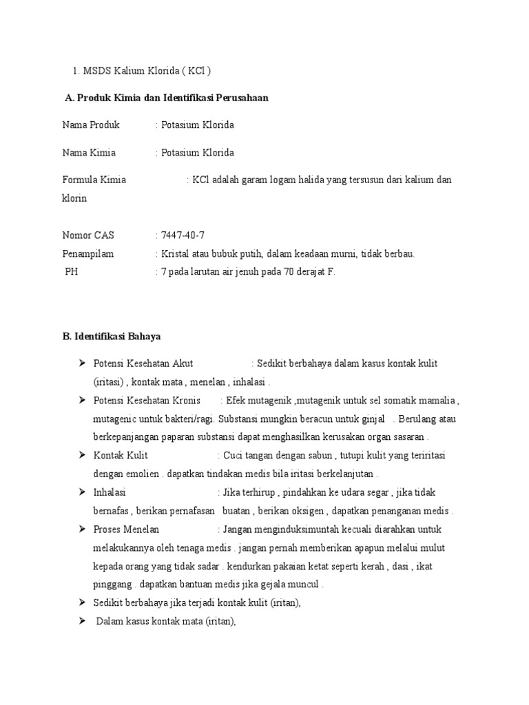 MSDS Kalium Klorida dan Asam Klorida | PDF | Kesehatan Holistik