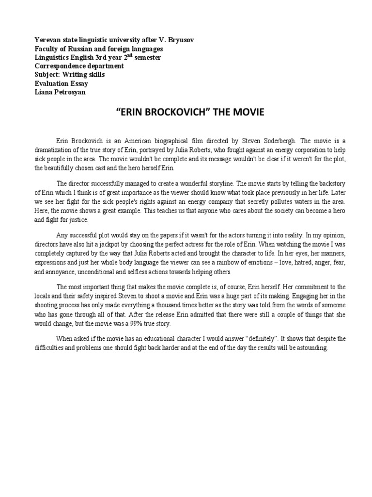 Erin Brockovich Movie Evaluation Essay | PDF