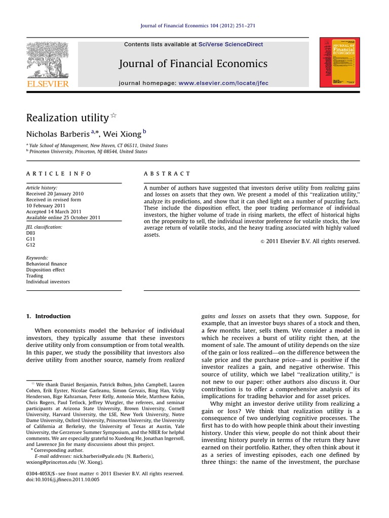 Journal of Financial Economics: Nicholas Barberis, Wei Xiong | PDF ...