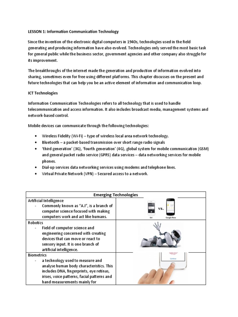 LESSON 1: Information Communication Technology: Emerging Technologies ...