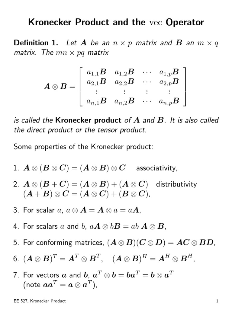Kronecker Product And The Vec Operator Pdf Functional Analysis Mathematical Relations