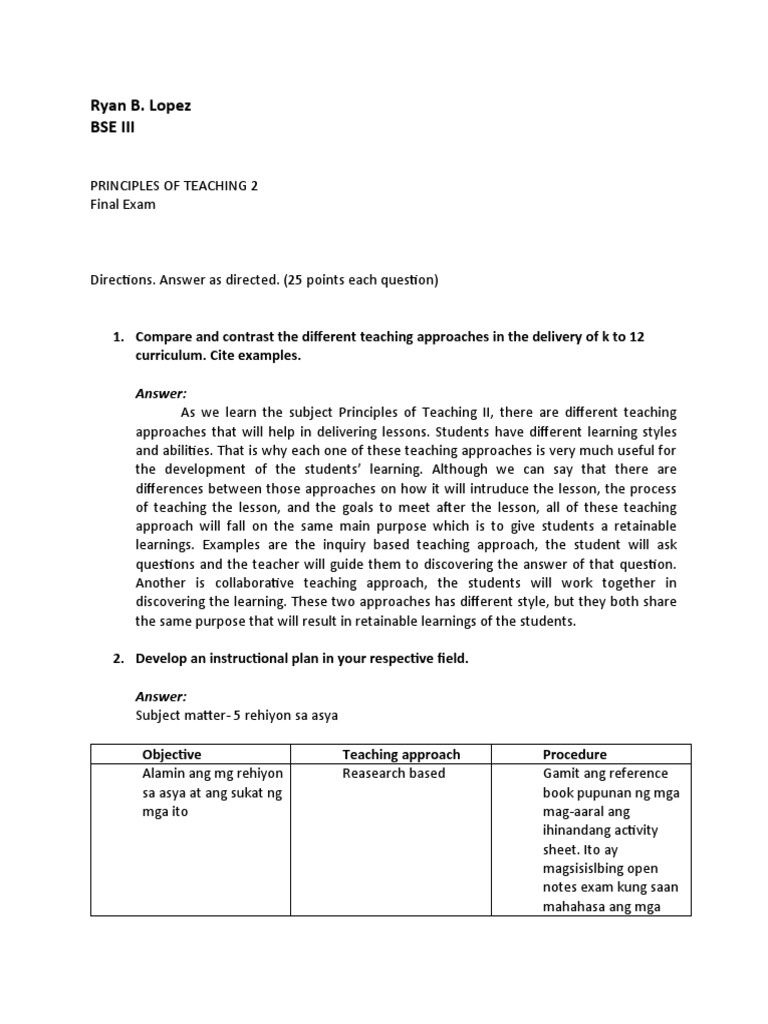 Ryan Lopez Principles of Teaching II Examination | PDF | Tutor ...