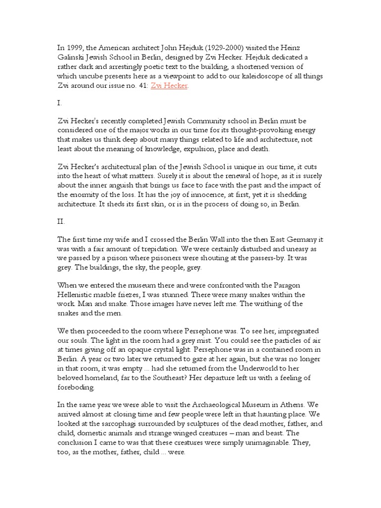 John Hejduk On Zvi Hecker | PDF | Garden Of Eden | Drawing