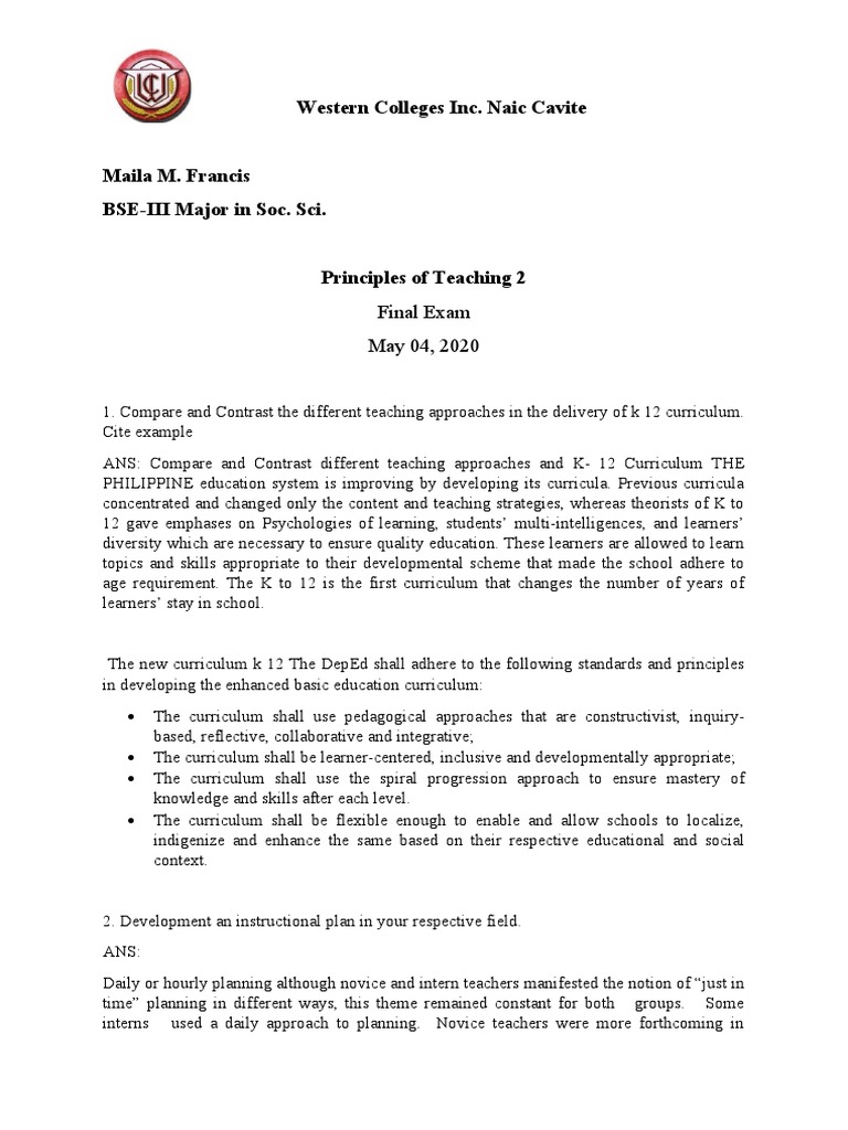 Western Colleges Inc. Naic Cavite: Final Exam May 04, 2020 | PDF ...