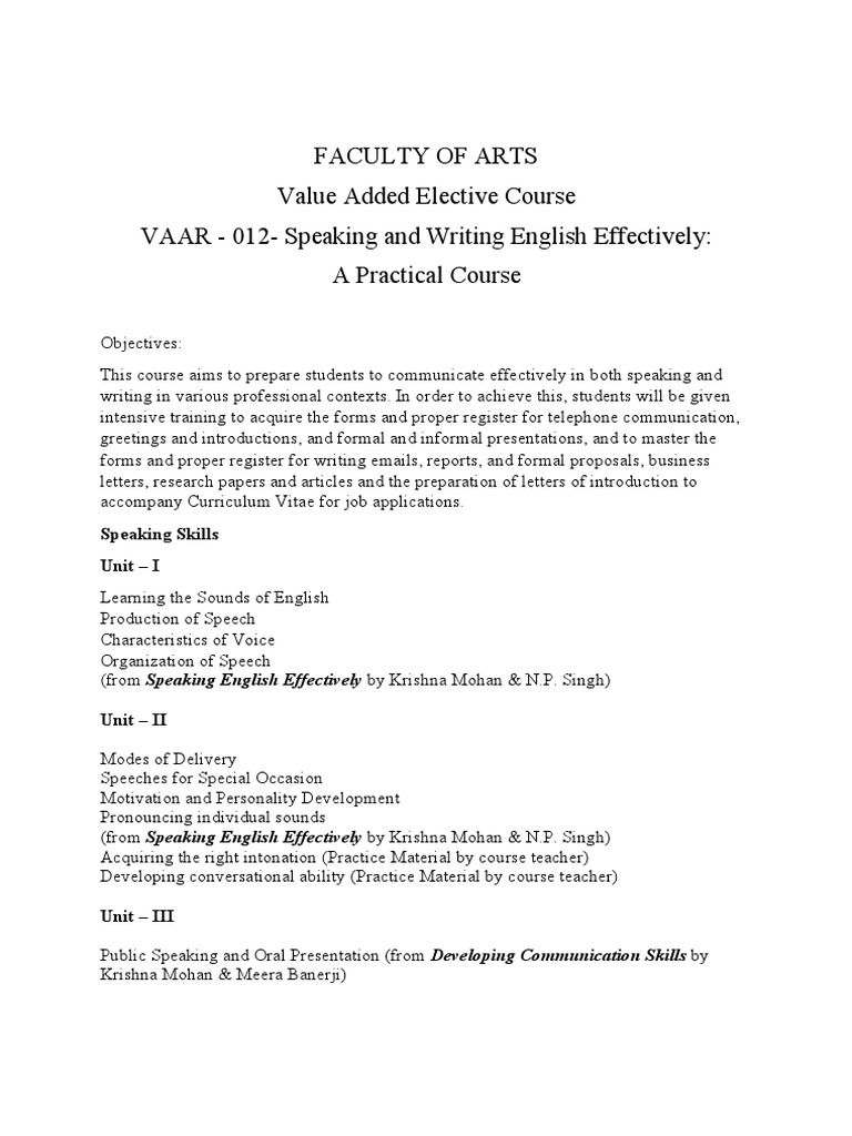Faculty of Arts Value Added Elective Course VAAR - 012-Speaking and ...