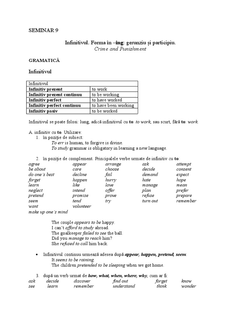 Seminar 09 Infinitivul Forma in Ing Gerunziu Si Participiu Crime and ...