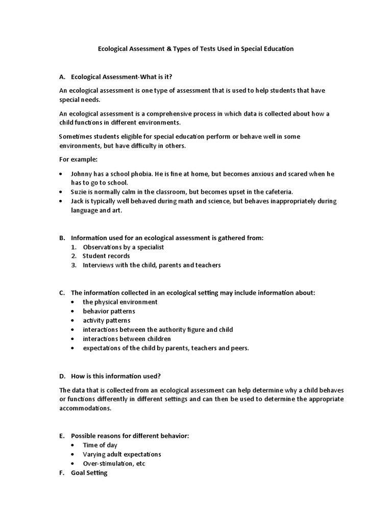 Ecological Assessment - Summary | PDF | Special Education ...