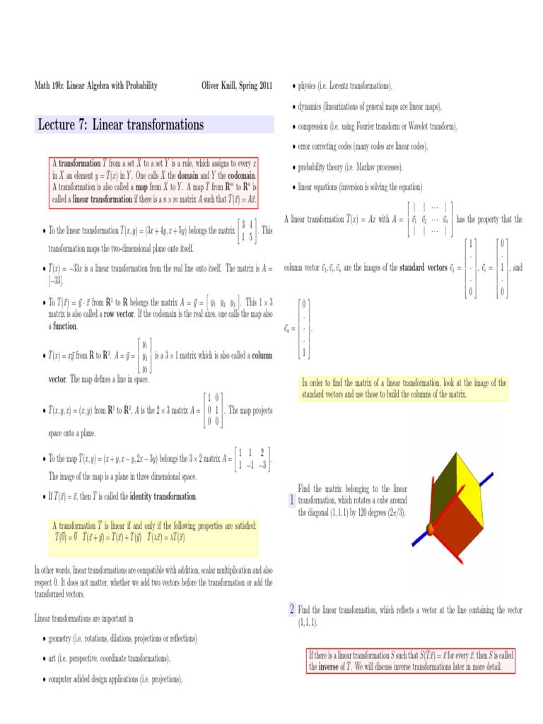 Lecture 7: Linear Transformations | PDF | Linear Map | Vector Space