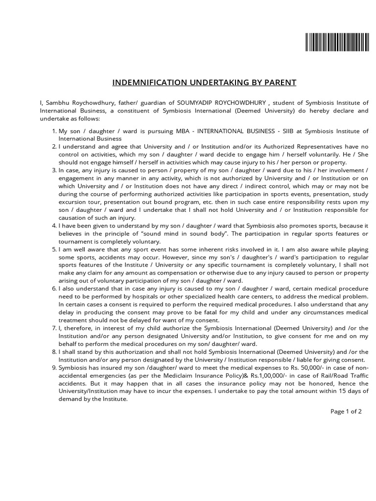 Indemnification Undertaking by Parent | PDF | Consent | Insurance