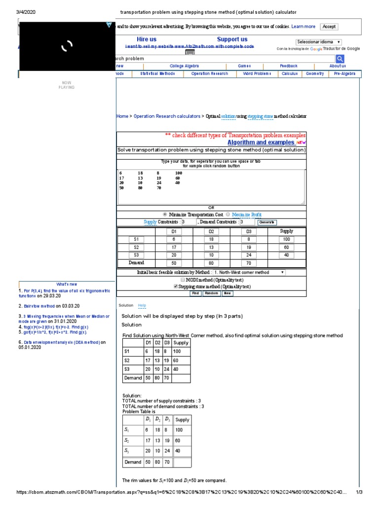 Transportation Problem Using Stepping Stone Method (Optimal Solution) Calculator | PDF ...