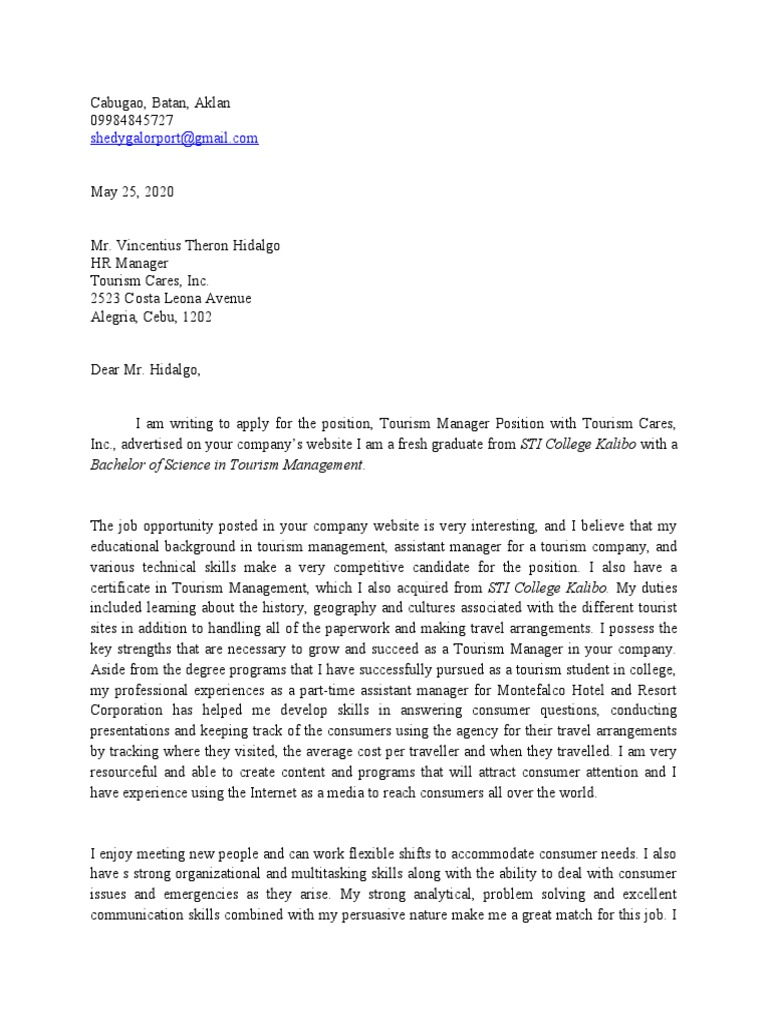 Shedy Galorport COVER LETTER | PDF | Tourism | Communication