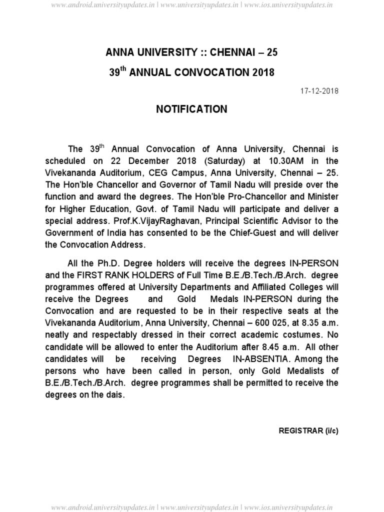 Anna University 39th Annual Convocation Notification | PDF