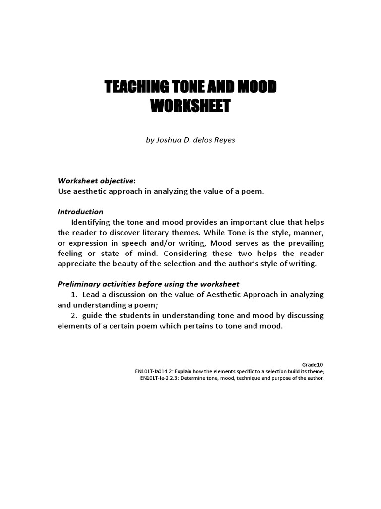 Tone and Mood Analysis Worksheet | PDF | Mood (Psychology) | Mental Health