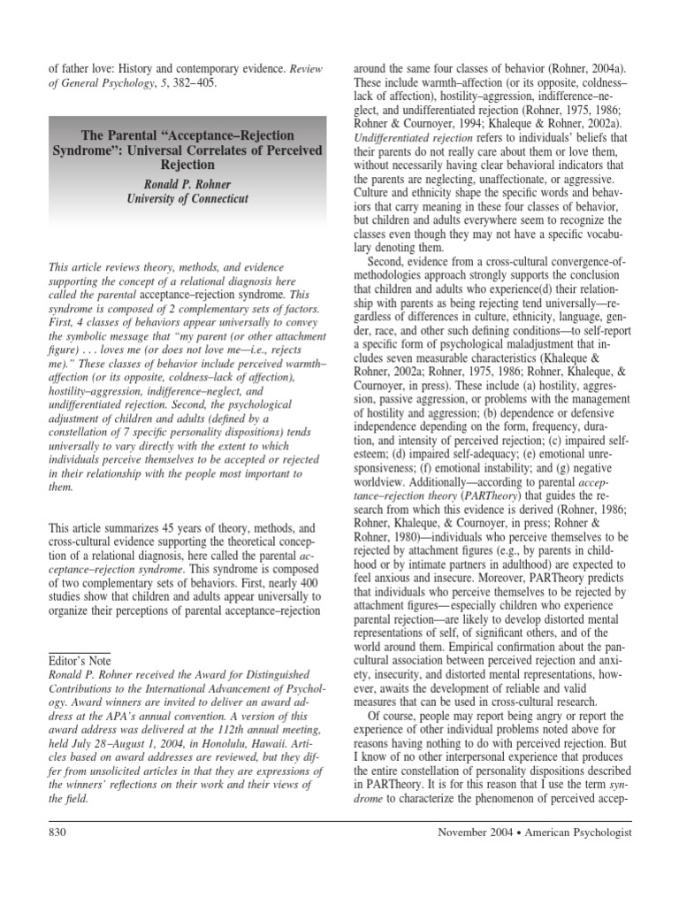 The Parental "Acceptance-Rejection Syndrome": Universal Correlates of ...