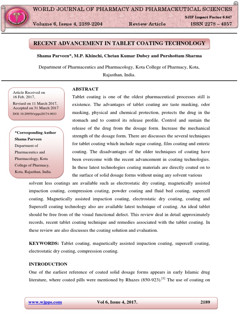 Recent Advancement in Tablet Coating Technology | PDF | Tablet (Pharmacy) | Fluidization