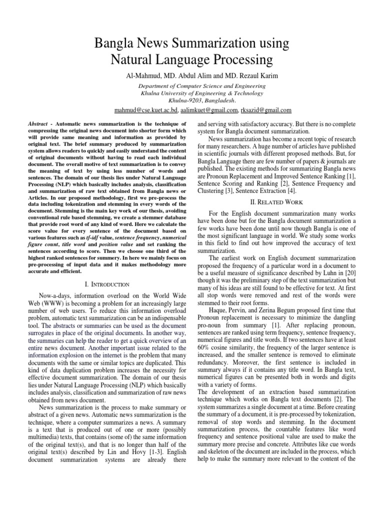Bangla Text Summarization Using Natural Language Processing | PDF ...