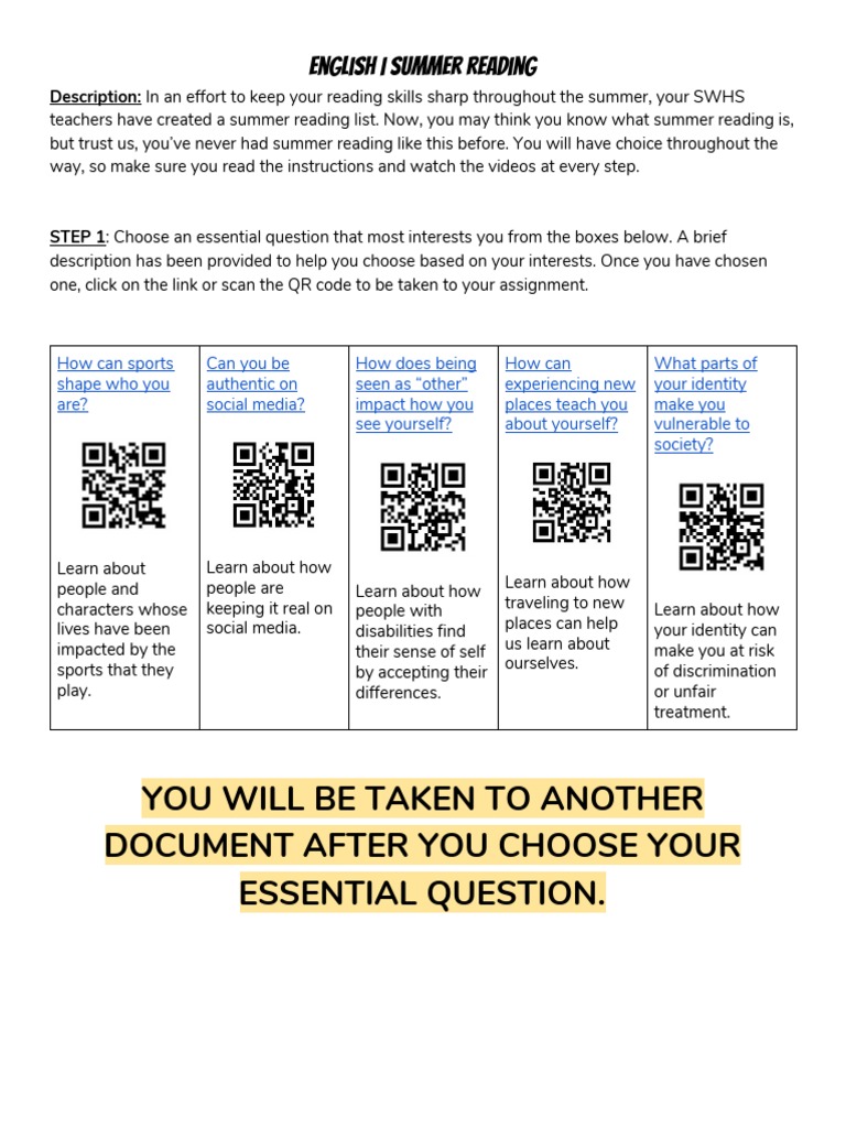 English 1 Summer Reading Home Page | PDF