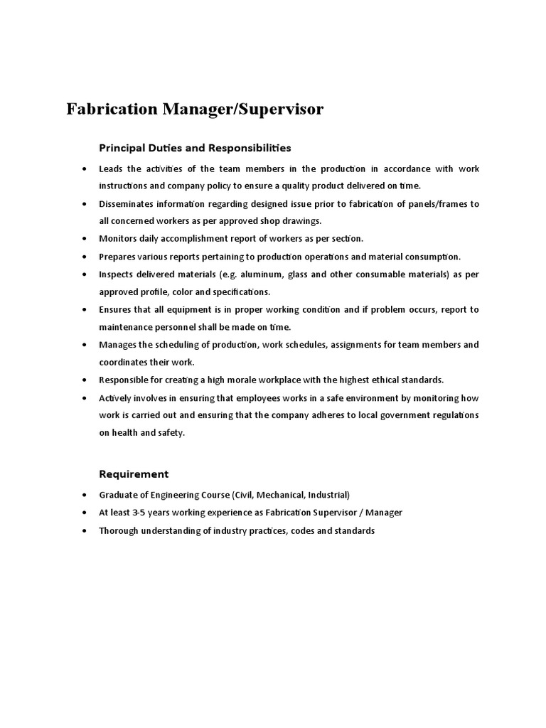 Fabrication Manager/Supervisor: Principal Duties and Responsibilities | PDF