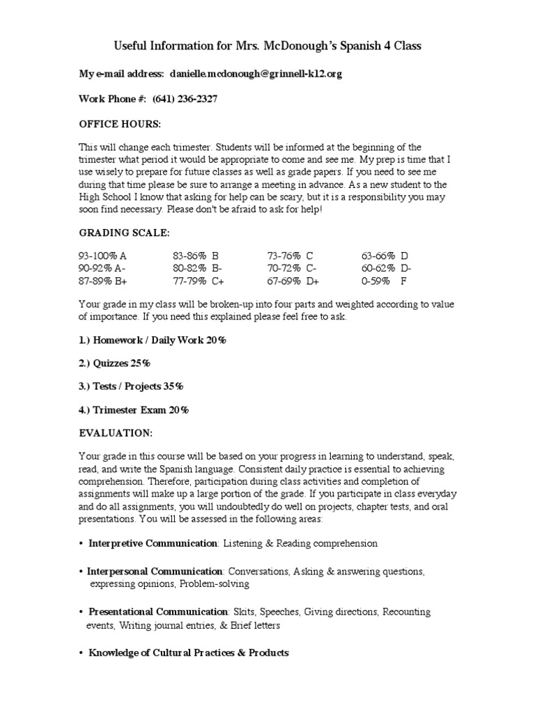 Spanish 4 Asyllabus | PDF | Pronoun | Grammar
