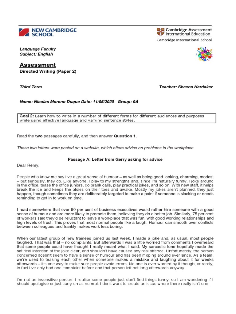 (Assessment) Directed Writing (IGCSE - Paper 2, Part 1) - 1 | PDF ...