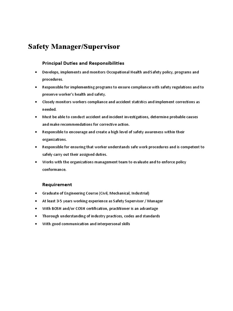 Safety Manager/Supervisor: Principal Duties and Responsibilities | PDF