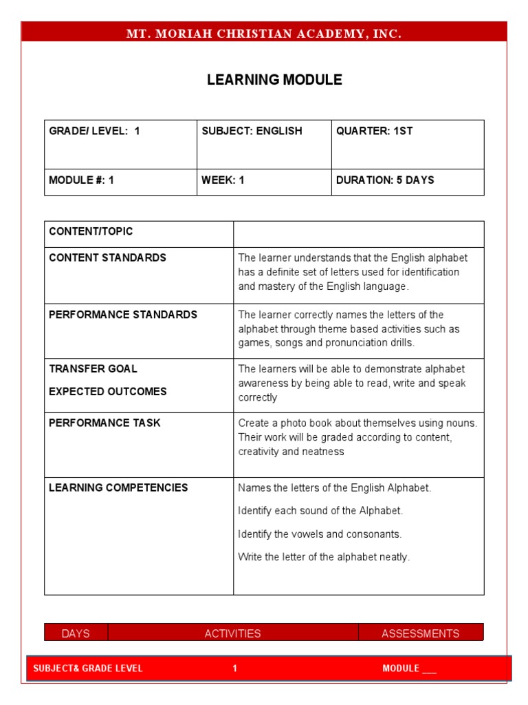 Learning Module: Mt. Moriah Christian Academy, Inc | PDF | Alphabet ...