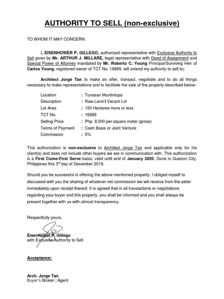 AUTHORITY TO SELL (Template) | PDF