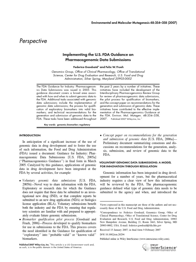Perspective: Implementing The U.S. FDA Guidance On Pharmacogenomic Data ...