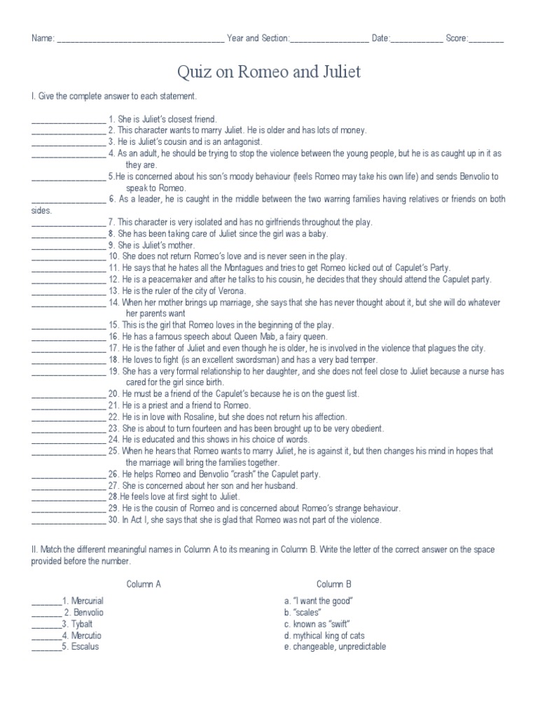 Romeo and Juliet Quiz | PDF | Characters In Romeo And Juliet | Romeo ...