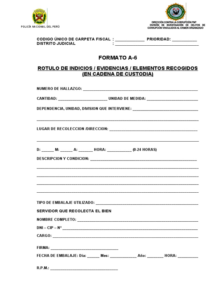 06.FORMATO A-6 - RÓTULO DE INDICIOS y EVIDENCIAS | PDF