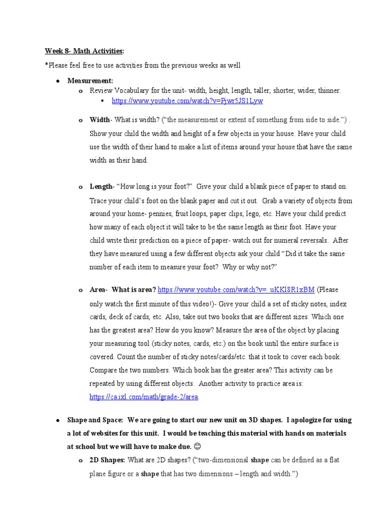 Week 8 Math Activities for Kids | PDF | Shape | Area