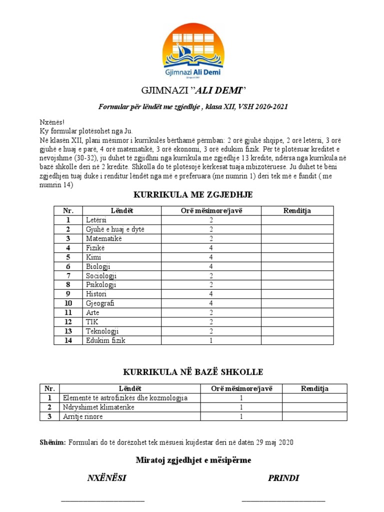 Formularet e Preferencave, Klasa XII, 2020-2021 | PDF