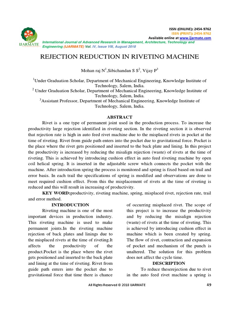Rejection Reduction in Riveting Machine | PDF | Six Sigma | Rivet