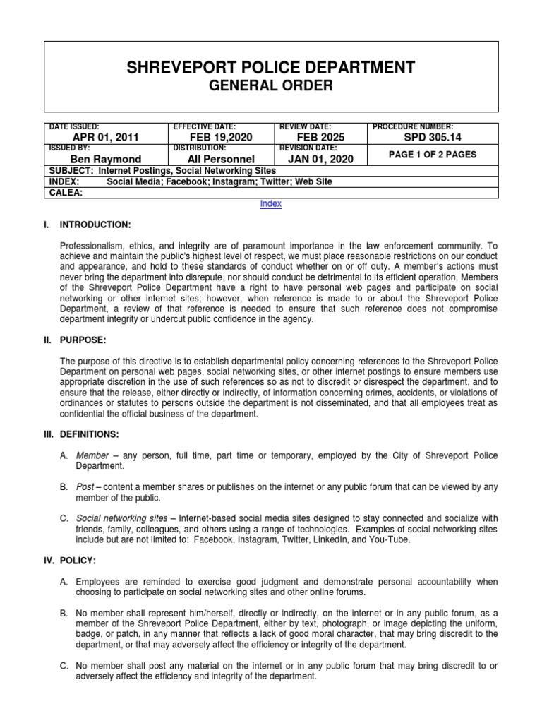 Shreveport Police Department Policy - Internet Postings, Social Network ...