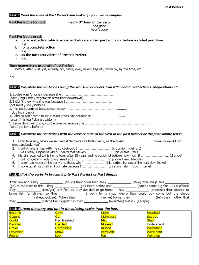 Past Perfect Reading and Grammar Practice | PDF | Linguistic Typology ...