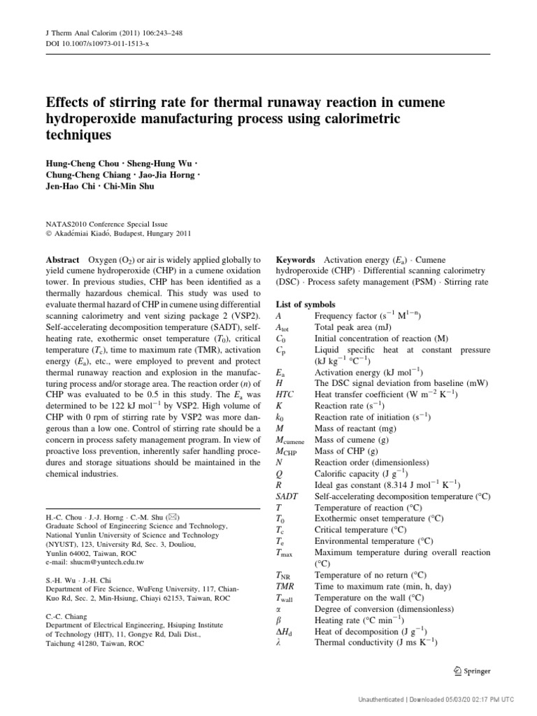 Effects of Stirring Rate For Thermal Runaway Reaction in Cumene ...