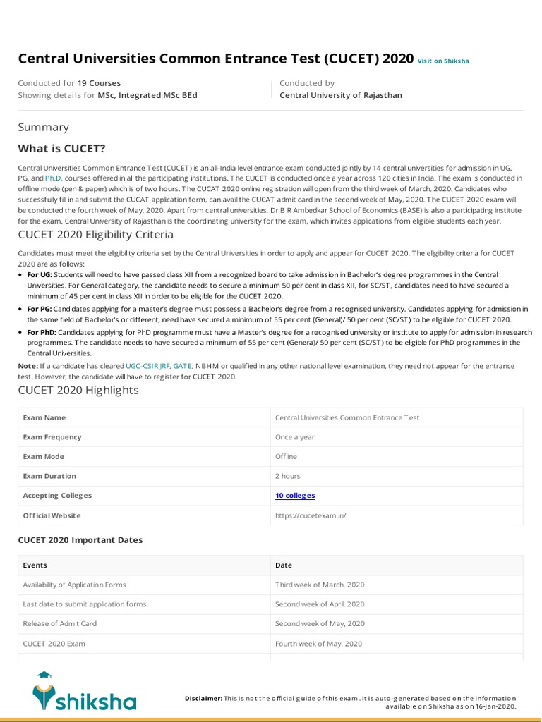 CUCET 2020 Exam Guide for Students | PDF | University And College ...