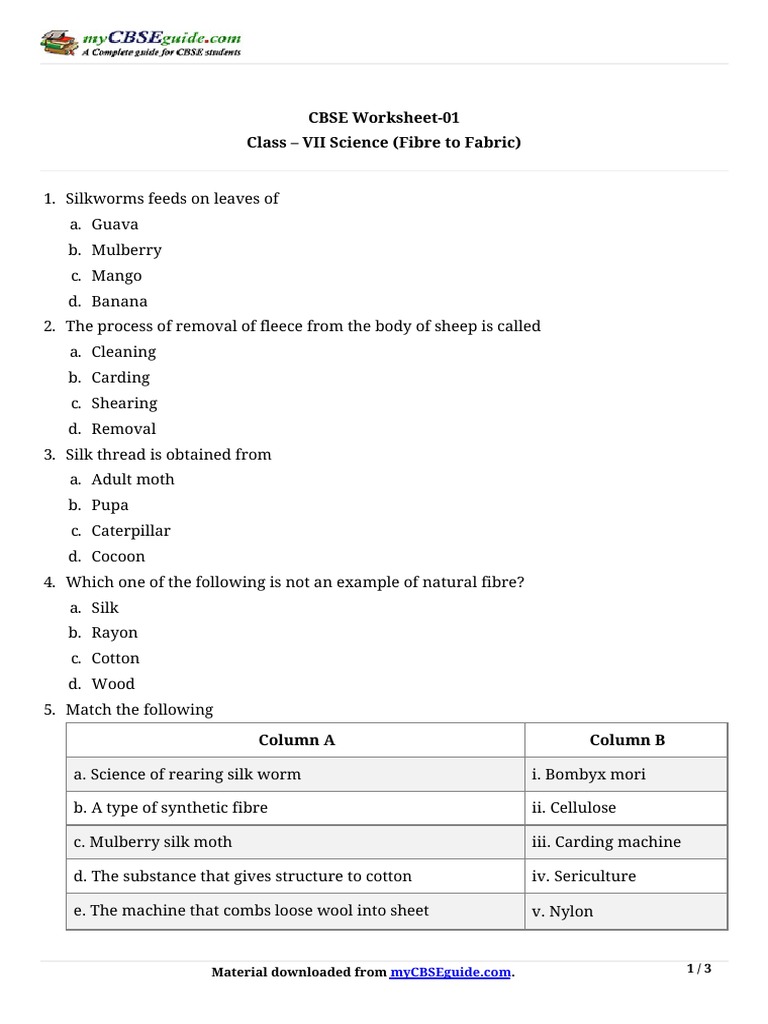 CBSE Worksheet-01 Class - VII Science (Fibre To Fabric) : Material ...