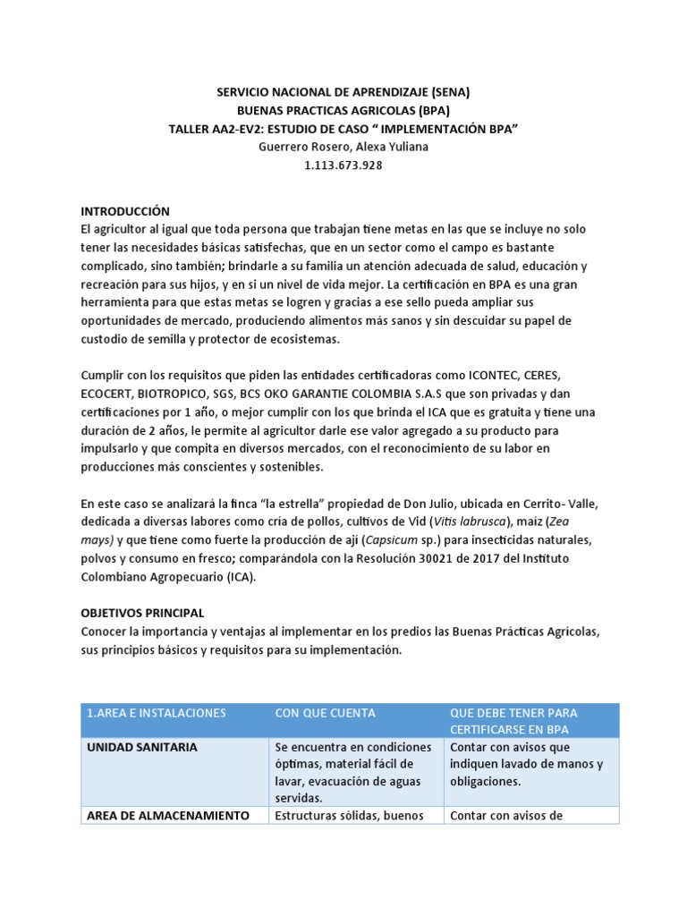 AA2-EV2. Estudio de Caso "Implementación BPA" | PDF | Riego | Agua