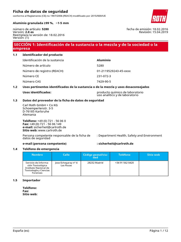 Ficha de Seguridad Aluminio | PDF | Toxicidad | Química