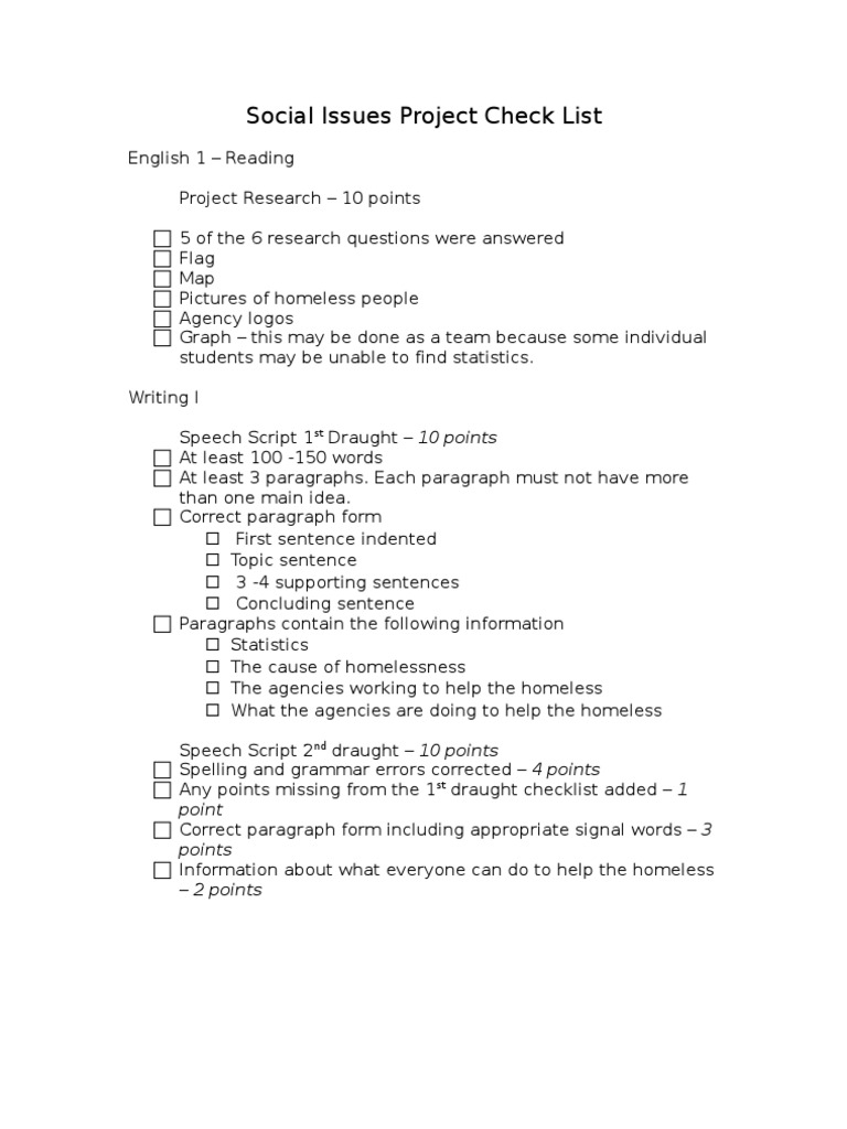Social Issues Project Check List | PDF | Paragraph | Speech