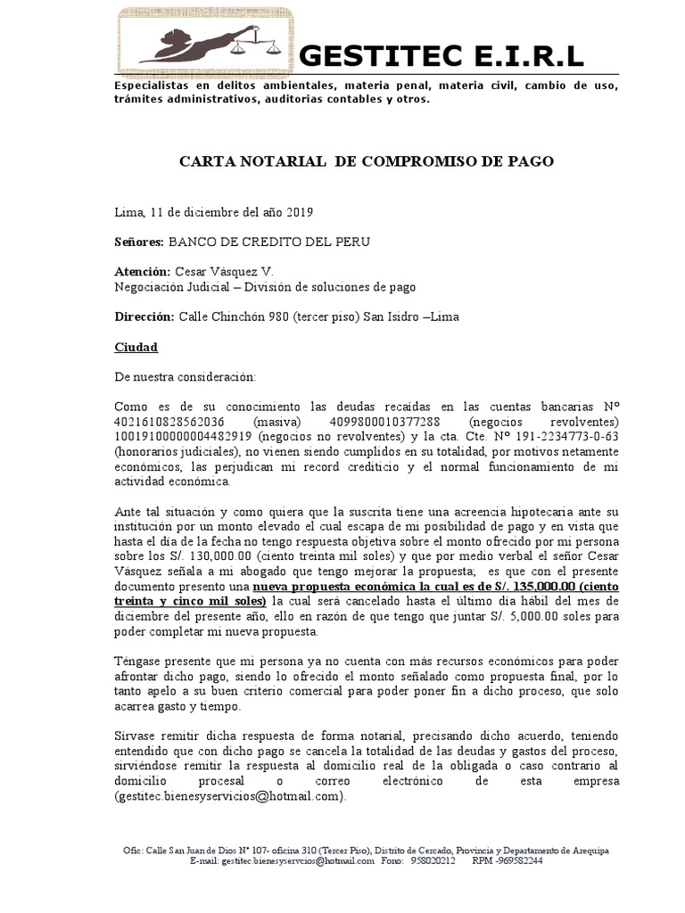 Carta Notarial de Compromiso de Pago - Gladys | PDF | Bancos | Economias