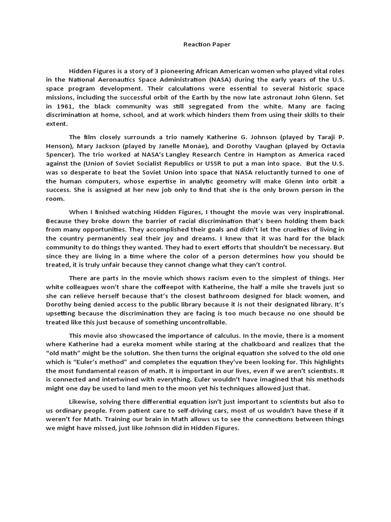 Reaction Paper About "Hidden Figures" | PDF | Hidden Figures | Science