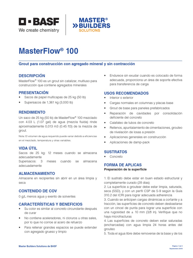 Basf Masterflow 100 - Ficha Técnica | PDF | Hormigón | Agua