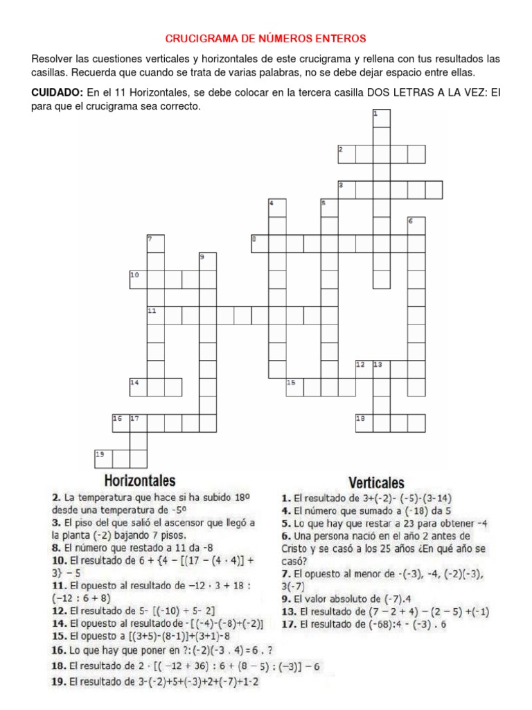 Crucigrama de Números Enteros | PDF