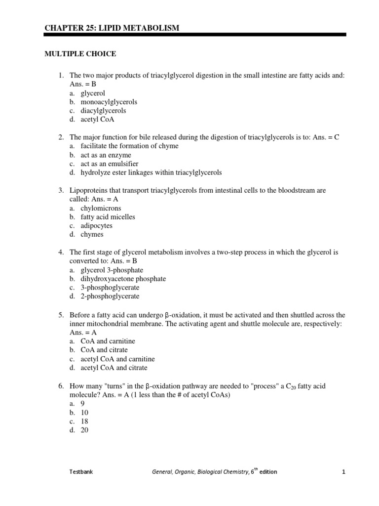 Lipid Metabolism MCQs and Answers | PDF | Triglyceride | Fatty Acid
