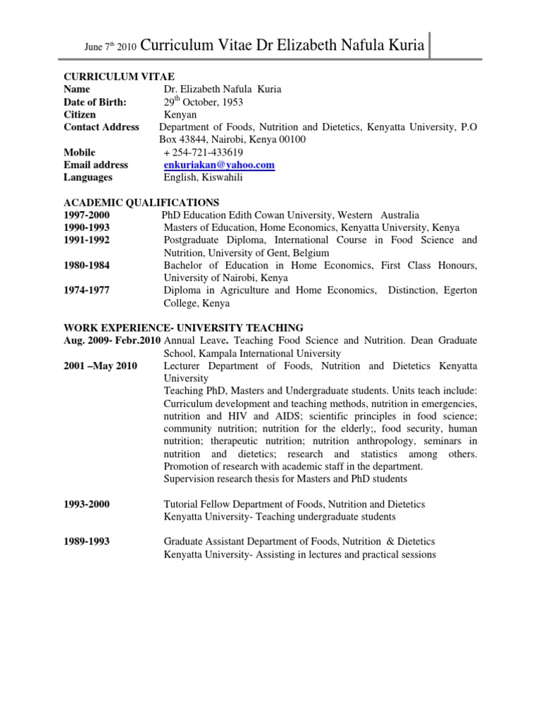 Curriculum Vitae DR Elizabeth Nafula Kuria: June 7 2010 | PDF | Doctor ...